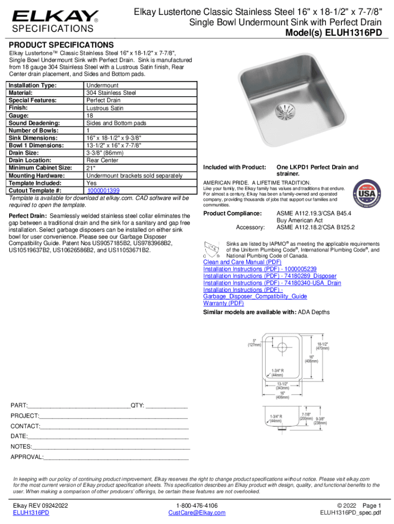 Fillable Online SPECIFICATIONS Elkay Lustertone Classic Stainless Steel 16 ... Fax Email Print ...