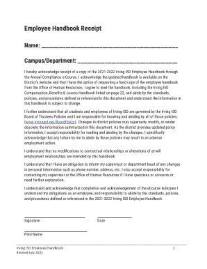 Fillable Online Employee Handbook Receipt - Irving Independent School ...