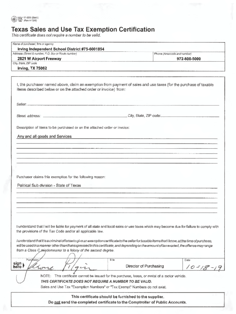 Fillable Online Texas Sales and Use Tax Exemption Certification ...