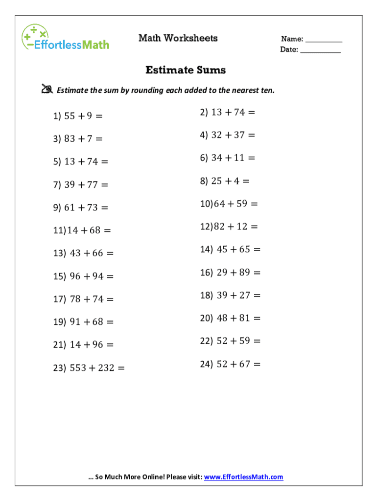Fillable Online www.mathworksheets4kids.comestimating-sumsEstimating ...