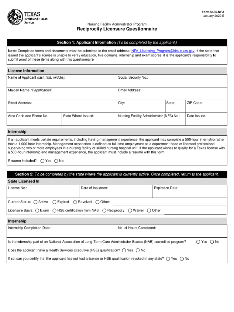 Fillable Online Form 5535-NFA, Reciprocity Licensure Questionnaire ...