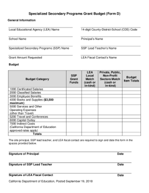 Fillable Online Specialized Secondary Programs Grant Budget (Form D) Fax Email Print - pdfFiller