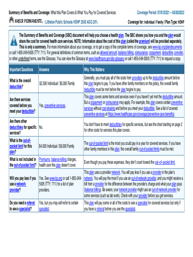 Fillable Online Summary of Benefits and Coverage: What this plan covers ...