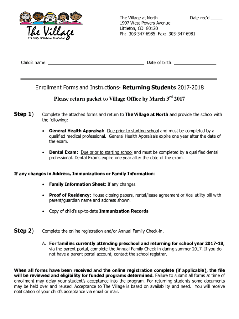 Fillable Online Enrollment Forms and Instructions- Returning Students 2017 ... Fax Email Print ...