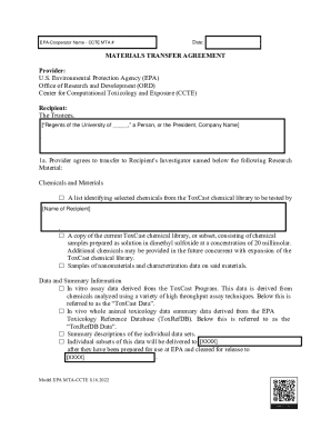 Fillable Online MATERIALS TRANSFER AGREEMENT Provider - EPA Fax Email ...