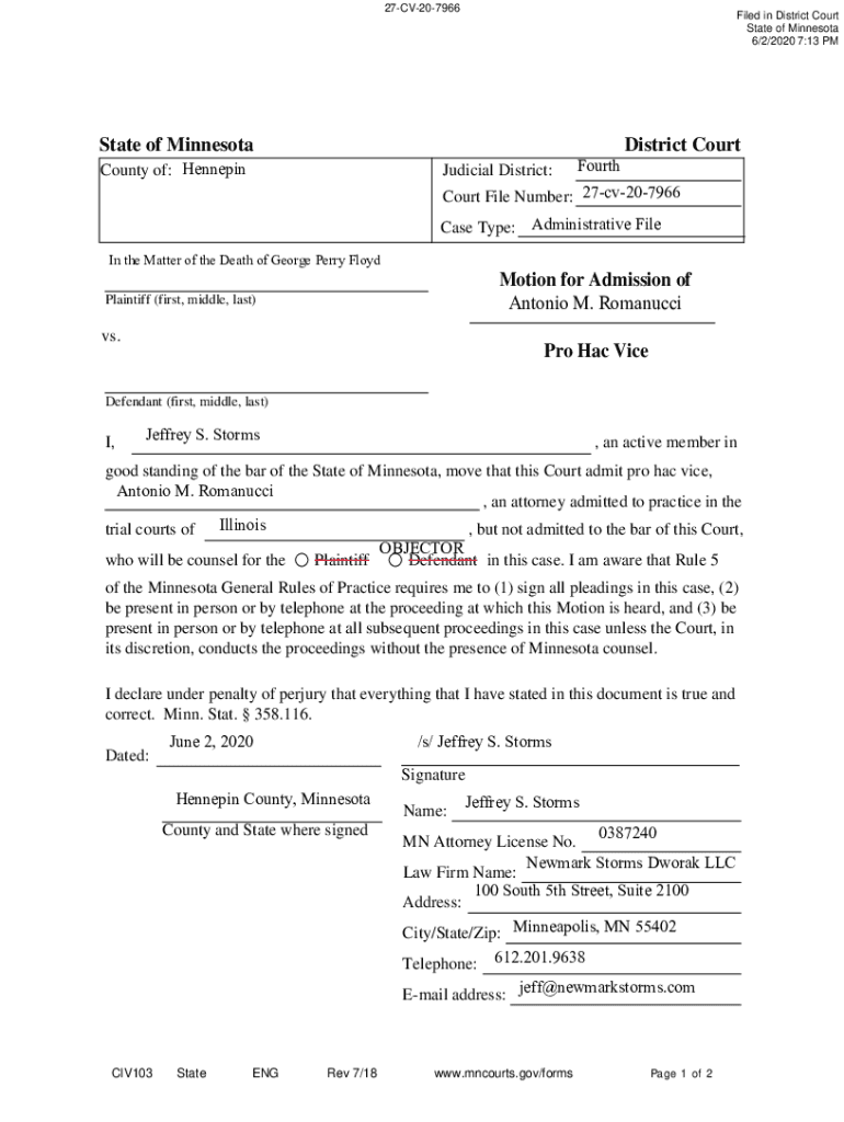 Fillable Online State of Minnesota District Court Pro Hac Vice Motion ...