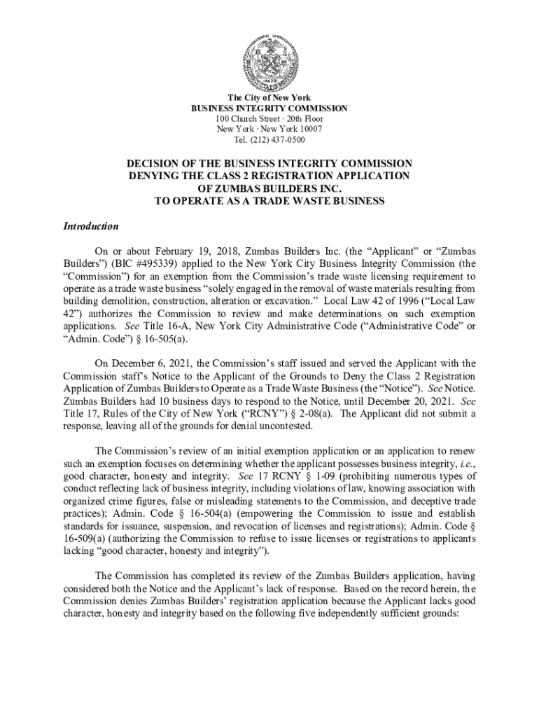 Fillable Online The City of New York BUSINESS INTEGRITY COMMISSION 100 ...
