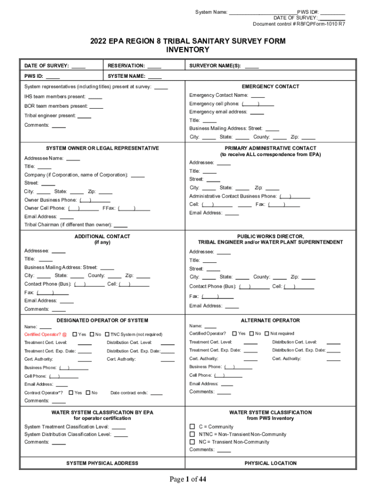 Fillable Online EPA Region 8 Tribal Sanitary Survey Form - 2022 Version ...