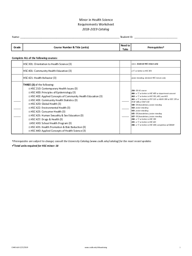 Fillable Online www.csulb.edufilesdocumentMinor in Health Science ...