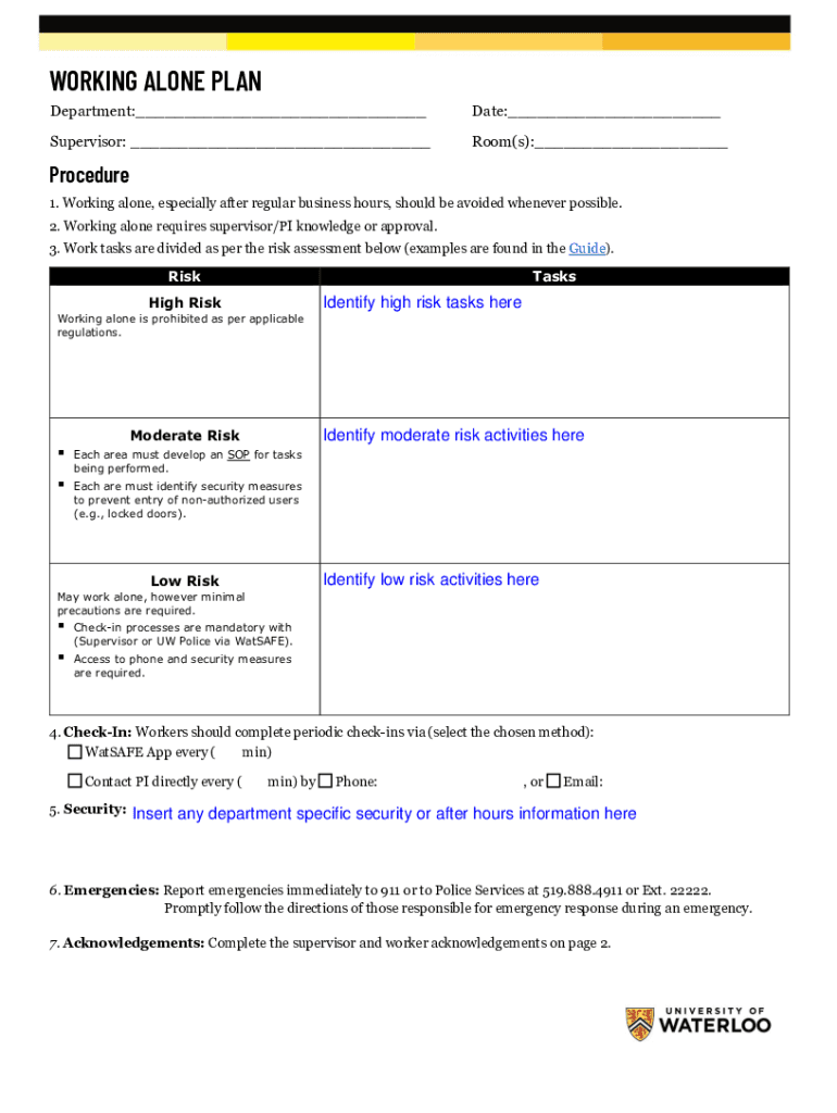 Fillable Online Working alone in research laboratories, shops, studios ...
