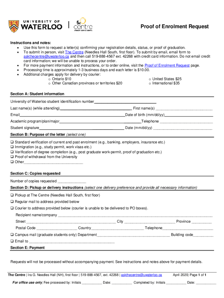 Fillable Online Proof of Enrolment Request - University of Waterloo Fax ...