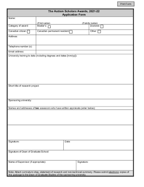 Fillable Online The Autism Scholars Awards, 2021-22 Application Form Fax Email Print - pdfFiller