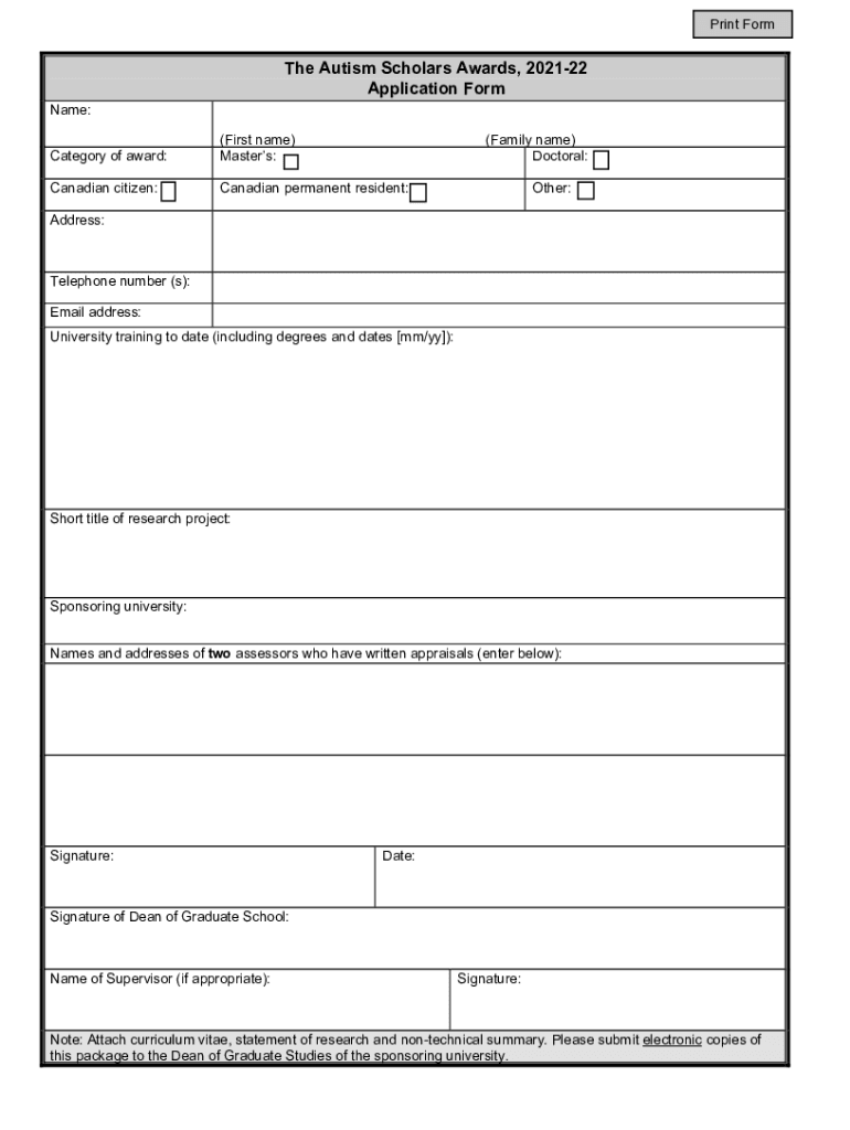 Fillable Online The Autism Scholars Awards, 2021-22 Application Form Fax Email Print - pdfFiller