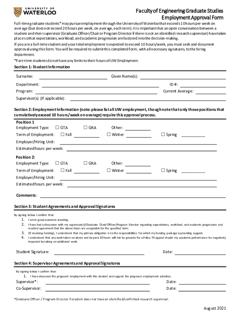Fillable Online Employment Approval form - University of Waterloo Fax ...