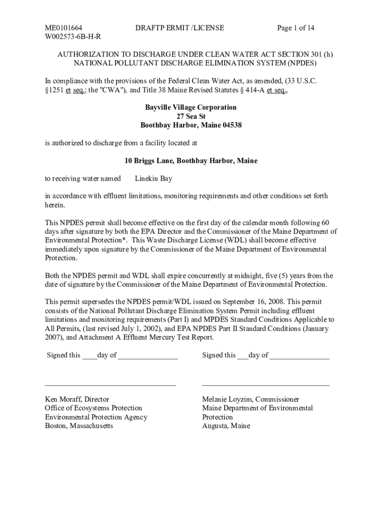 Fillable Online Bayville Village Corporation, ME0101664, Draft Permit ...