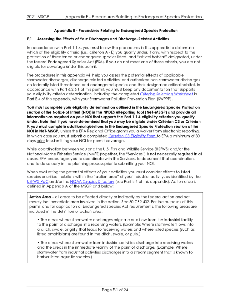 Fillable Online www.epa.govsystemfiles2021 MSGP - Appendix E - Procedures RElating to Endangered ...