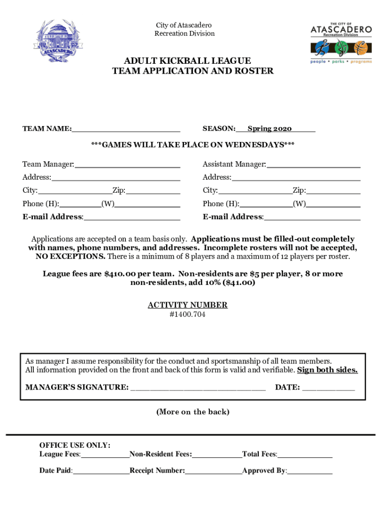 Fillable Online Adult Kickball League Team Application and Roster Fax ...