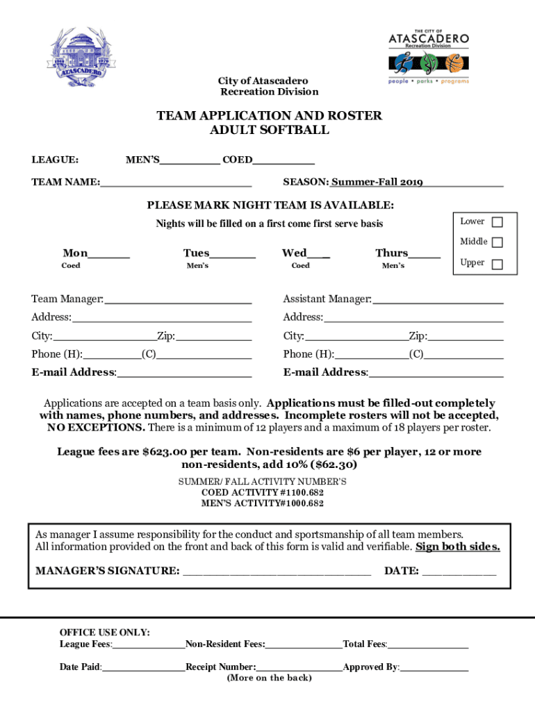 Fillable Online Team Application and Roster Adult Softball - City of Atascadero Fax Email Print ...