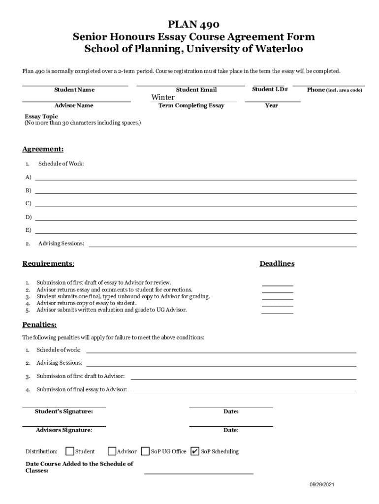 Fillable Online PLAN 490 Senior Honours Essay Course Agreement Form ...