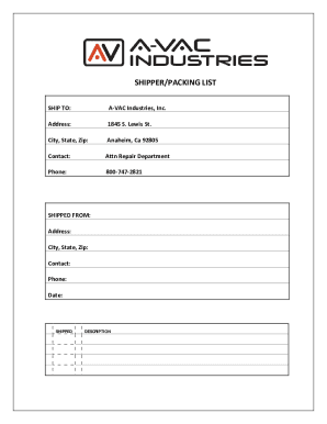 Fillable Online SHIPPER/PACKING LIST - AVAC Industries Fax Email Print ...