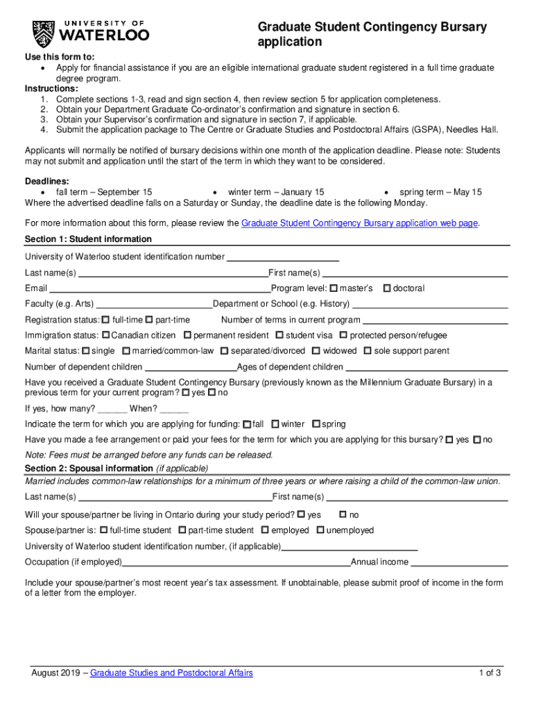 Fillable Online Graduate Student Contingency Bursary application ...