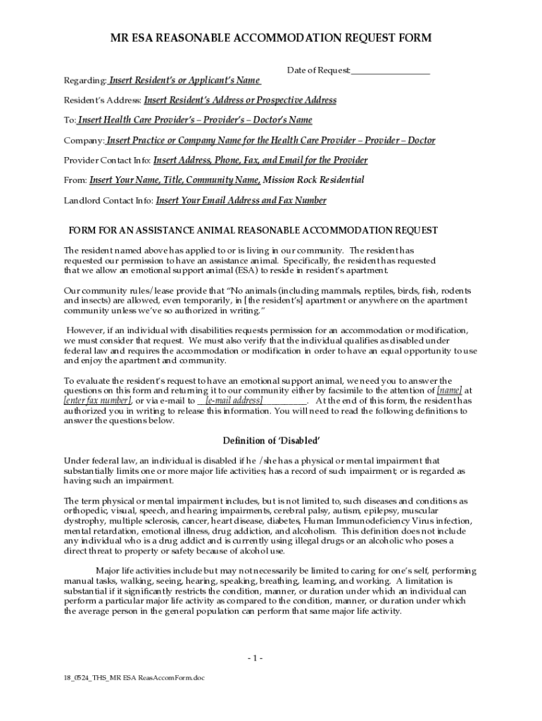 Reasonable Accommodation Request Esa - Fill Online, Printable, Fillable, Blank | pdfFiller