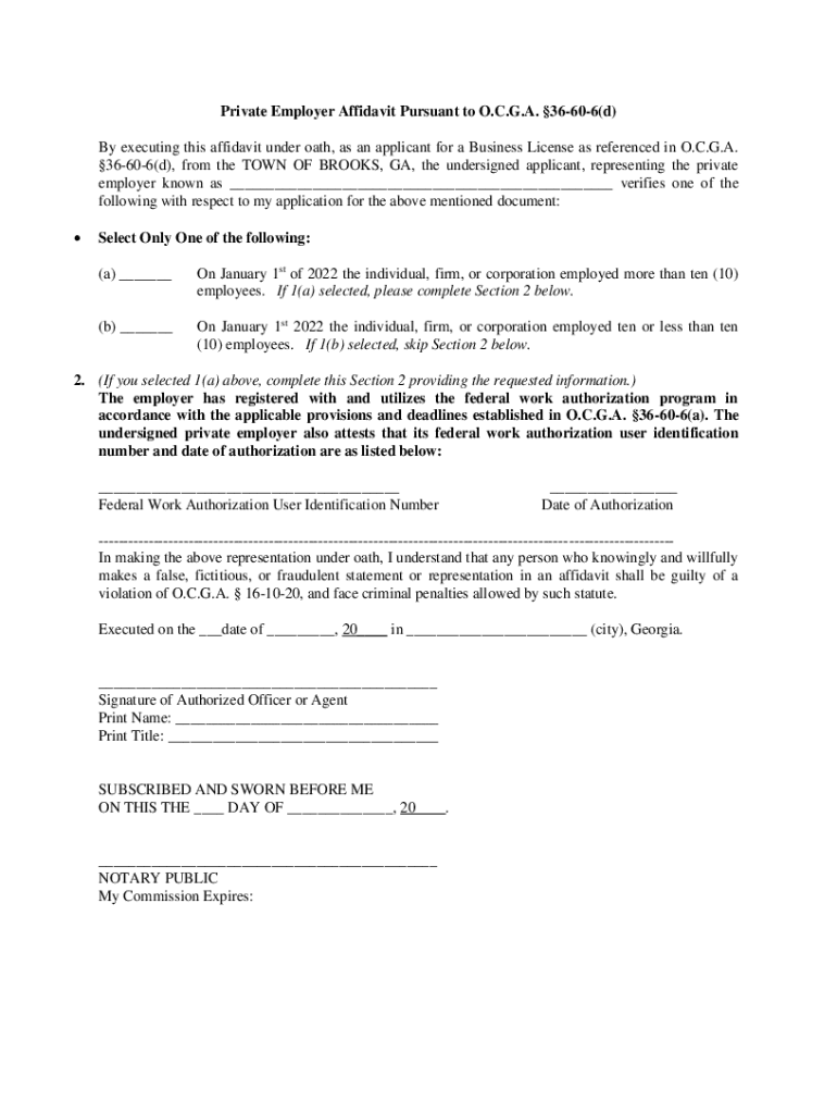 Fillable Online Private Employer Affidavit Pursuant to O.C.G.A. 36-60-6 ...