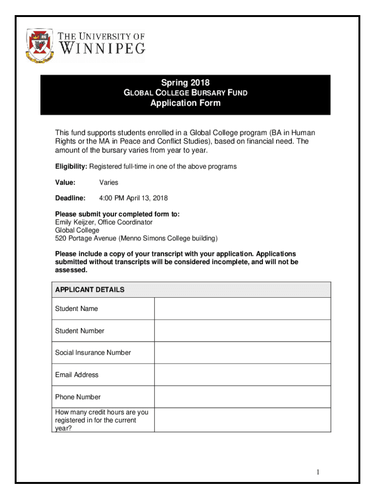 Fillable Online Spring 2018 Application Form - University of Winnipeg ...