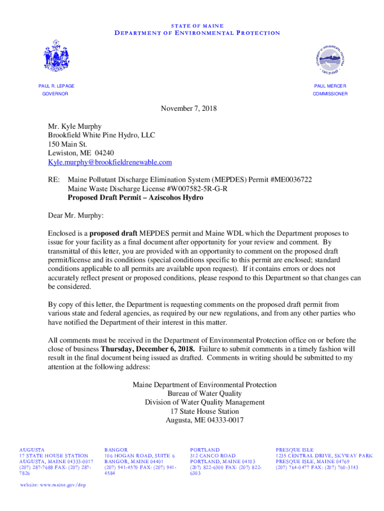 Fillable Online Aziscohos Hydro, ME0036722, Draft Permit. This MEPDES ...