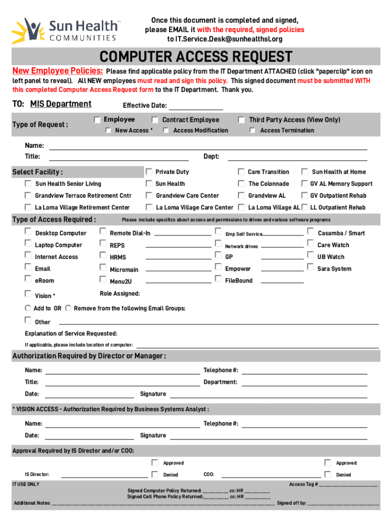Fillable Online Computer Access Request Sun Health Fax Email Print - pdfFiller