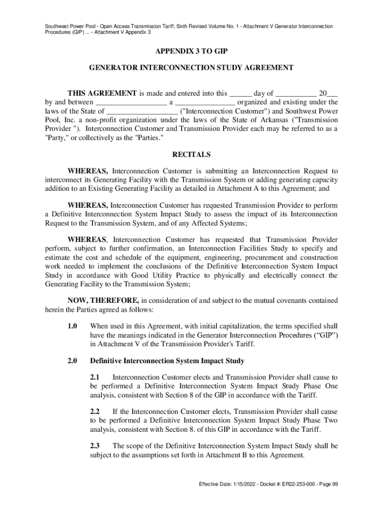 Fillable Online APPENDIX 3 TO GIP GENERATOR INTERCONNECTION STUDY AGREEMENT THIS ... Fax Email ...