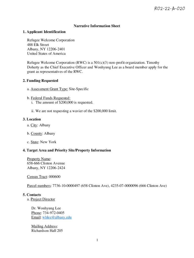 Fillable Online www.epa.govsystemfilesNarrative Information Sheet 1. Applicant Identification ...