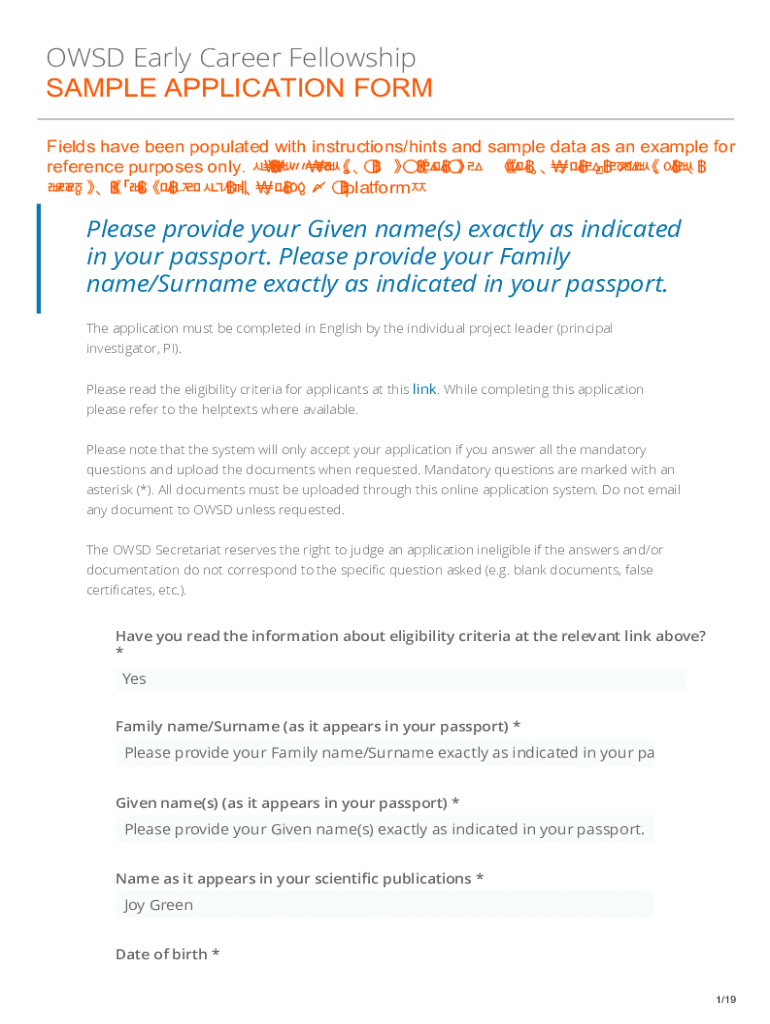 Fillable Online OWSD Early Career Fellowship SAMPLE APPLICATION FORM ...