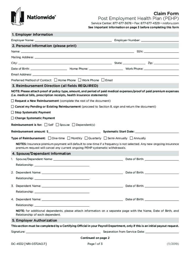 Fillable Online Claim Form Post Employment Health Plan (PEHP) - sjgov ...