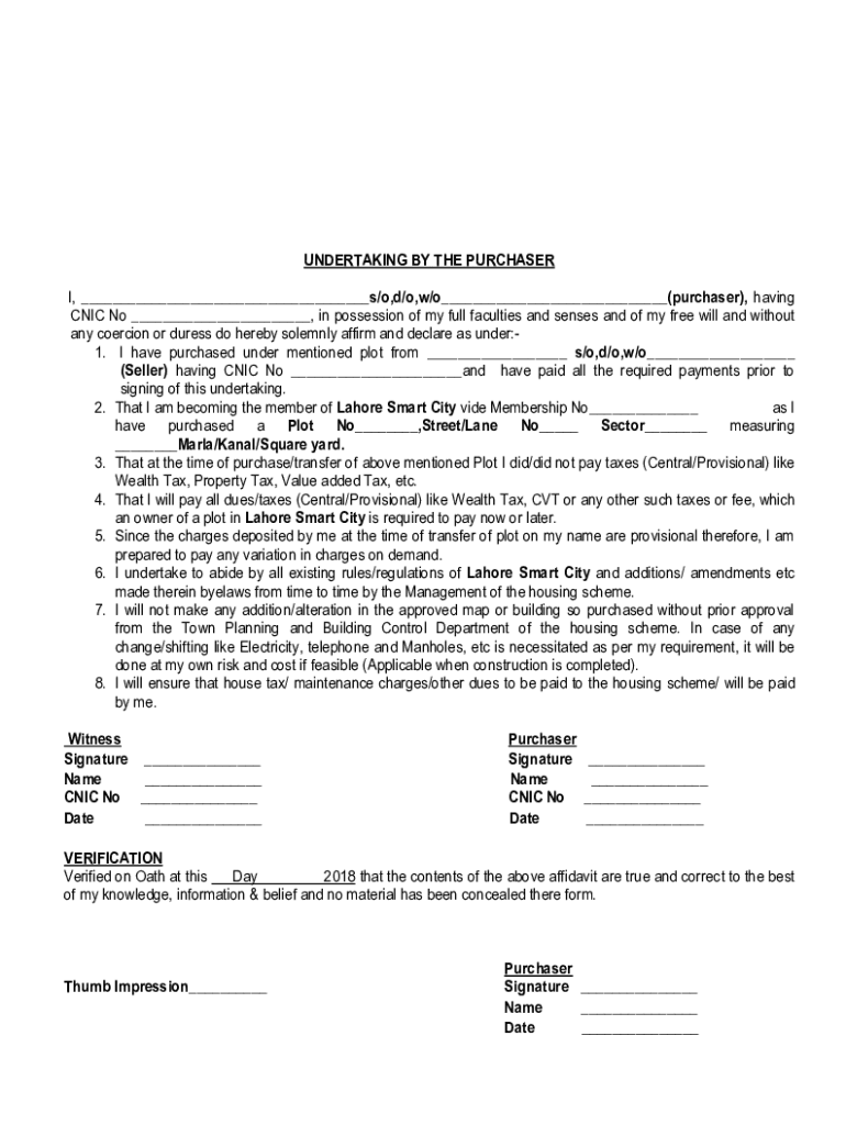 Fillable Online UNDERTAKING BY THE PURCHASER s/o,d/o,w/o (purchaser ...