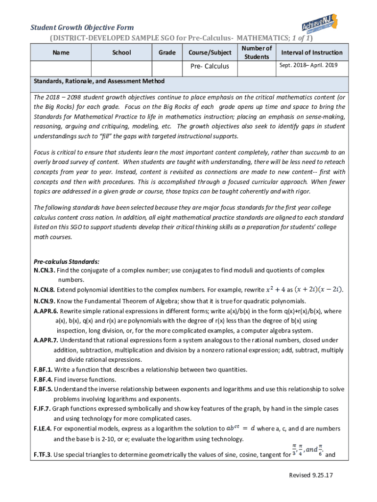 Fillable Online www.orange.k12.nj.uscmslibStudent Growth Objective Form ...