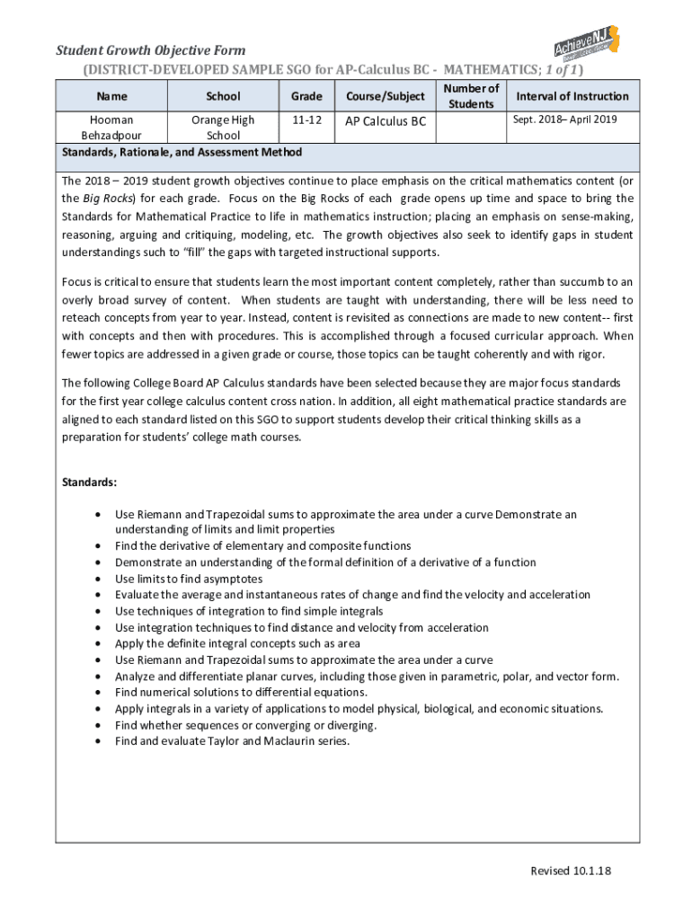 Fillable Online Student Growth Objective Form (DISTRICT-DEVELOPED ...