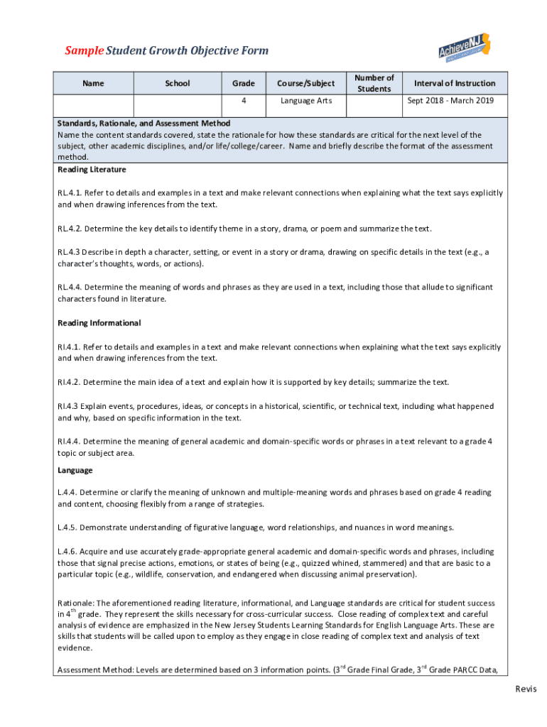 Fillable Online AchieveNJ: Student Growth Objectives (SGOs)Sample ...