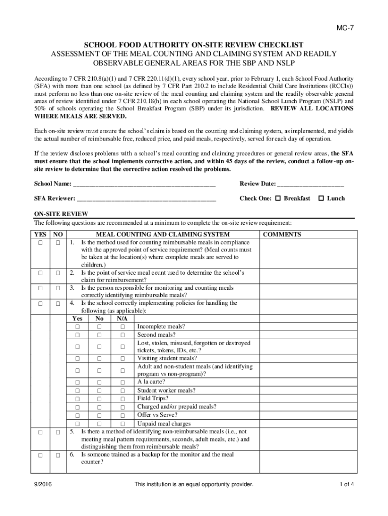 Fillable Online Instructions School Food Authority (SFA) On-Site Review ...