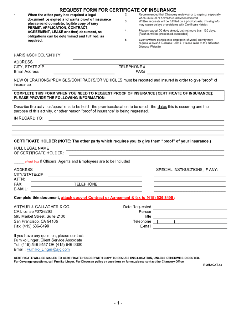 Fillable Online Insurance Certificate Request Form ...