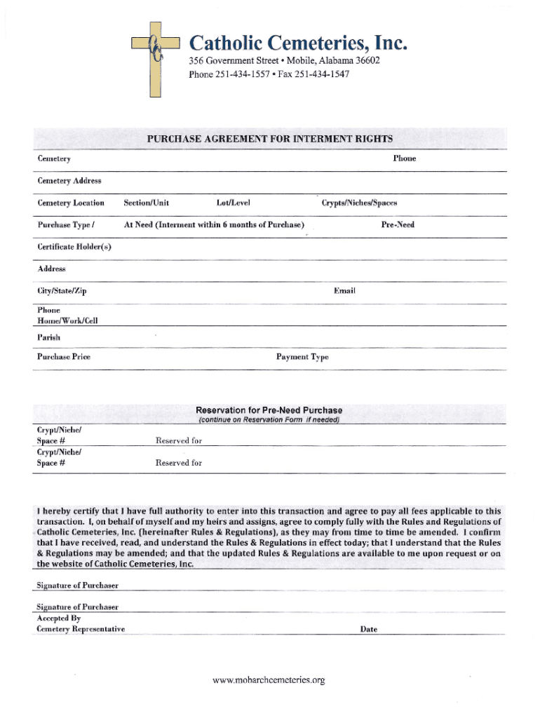 Fillable Online Purchase Agreement updated 4/16/2019. Cemetery Form Fax ...