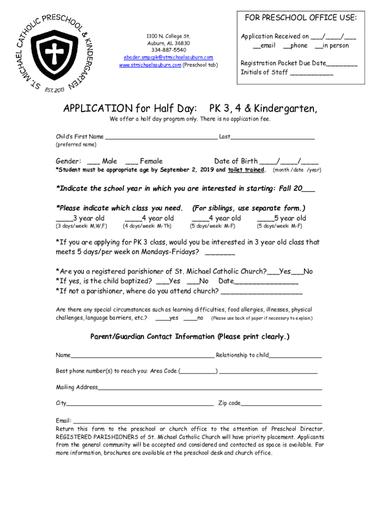 Fillable Online APPLICATION for Half Day: PK 3, 4 & Kindergarten, Fax ...