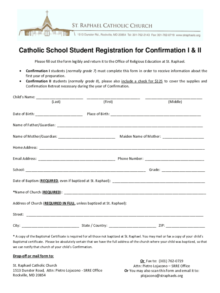 Fillable Online Catholic School Student Registration for Confirmation I ...