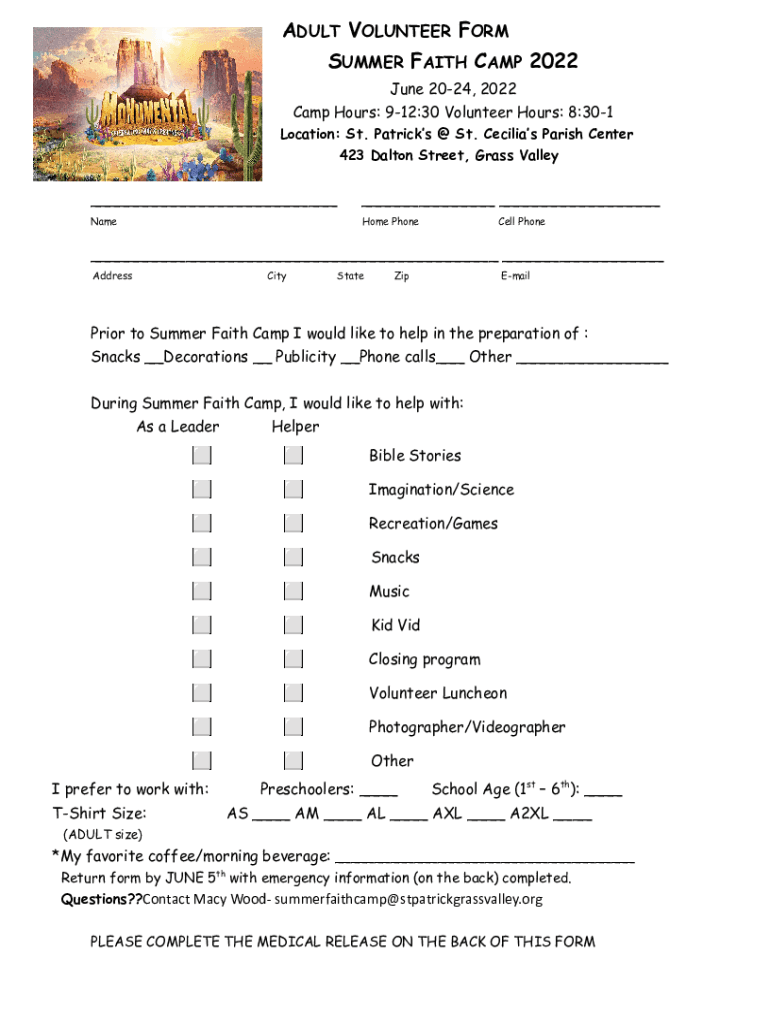 Fillable Online adult volunteer form summer faith camp 2022 ...