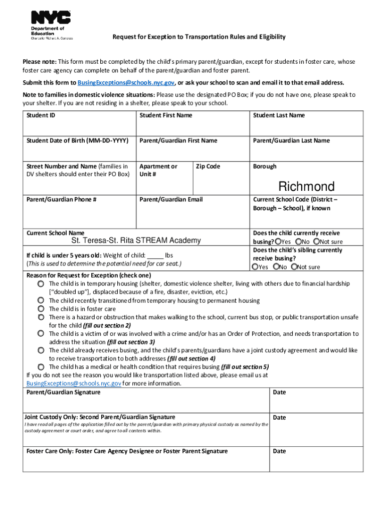Fillable Online Request for Exception to Transportation Rules and ...