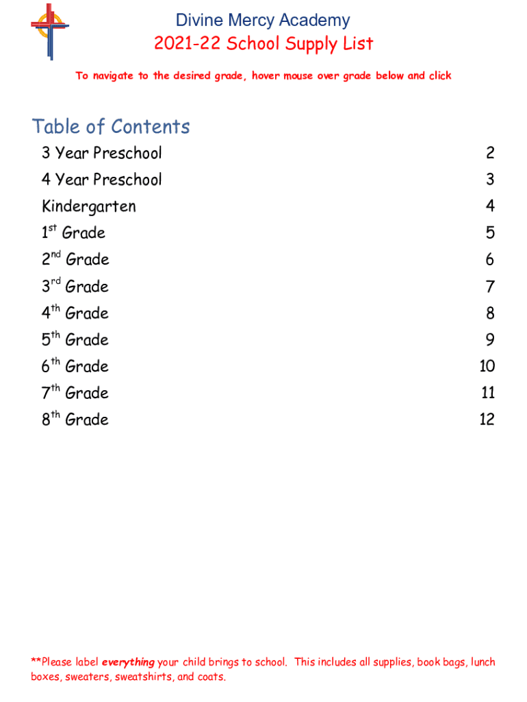 Fillable Online divinemercysmschool.orgschool-supply-listsSchool Supply ...