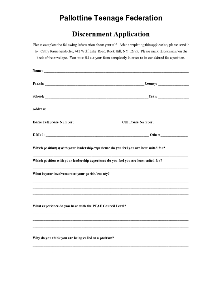 Fillable Online Pallottine Teenage Federation Discernment Application Fax Email Print - pdfFiller