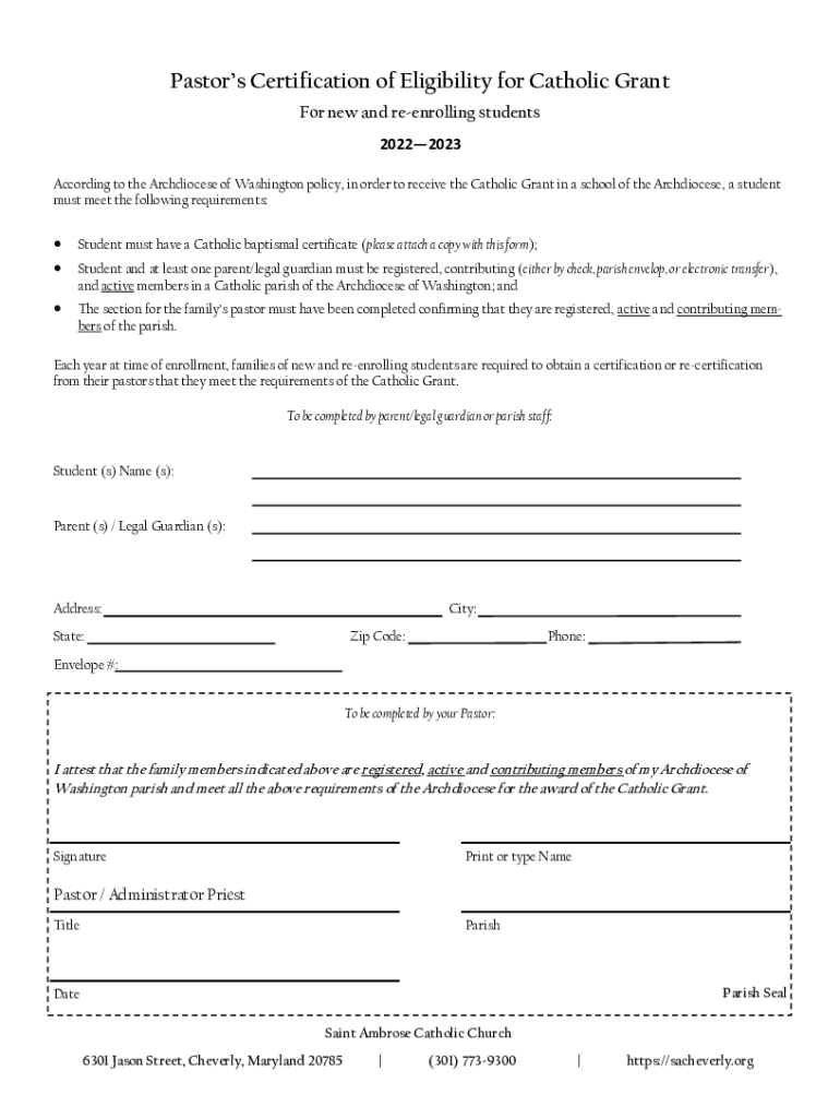 Fillable Online Pastor's Certification of Eligibility for Catholic ...