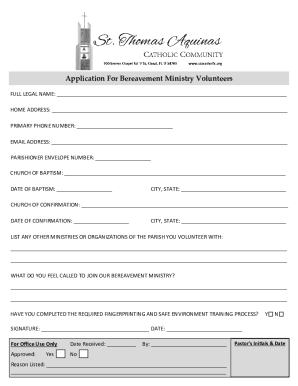 Fillable Online Application For Bereavement Ministry Volunteers ...