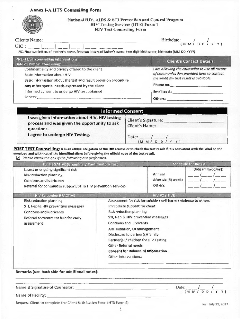 Fillable Online philippines.iom.intsitesgAnnex 1-A HTS Counselling Form ...